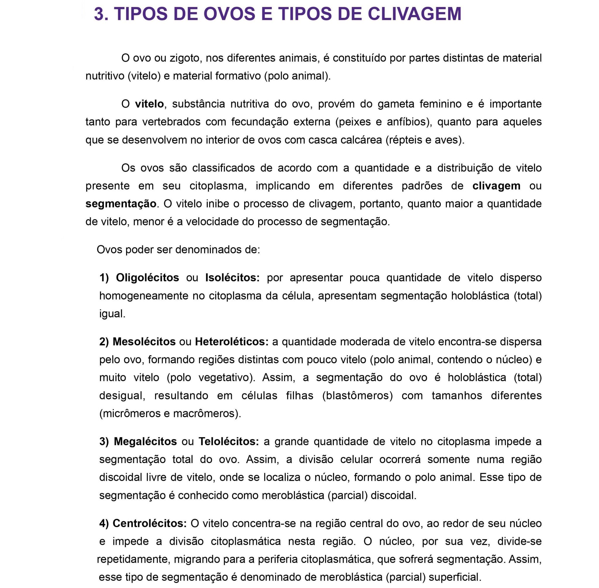 3. Tipos de ovos e tipos de clivagem – Embriologia Animal